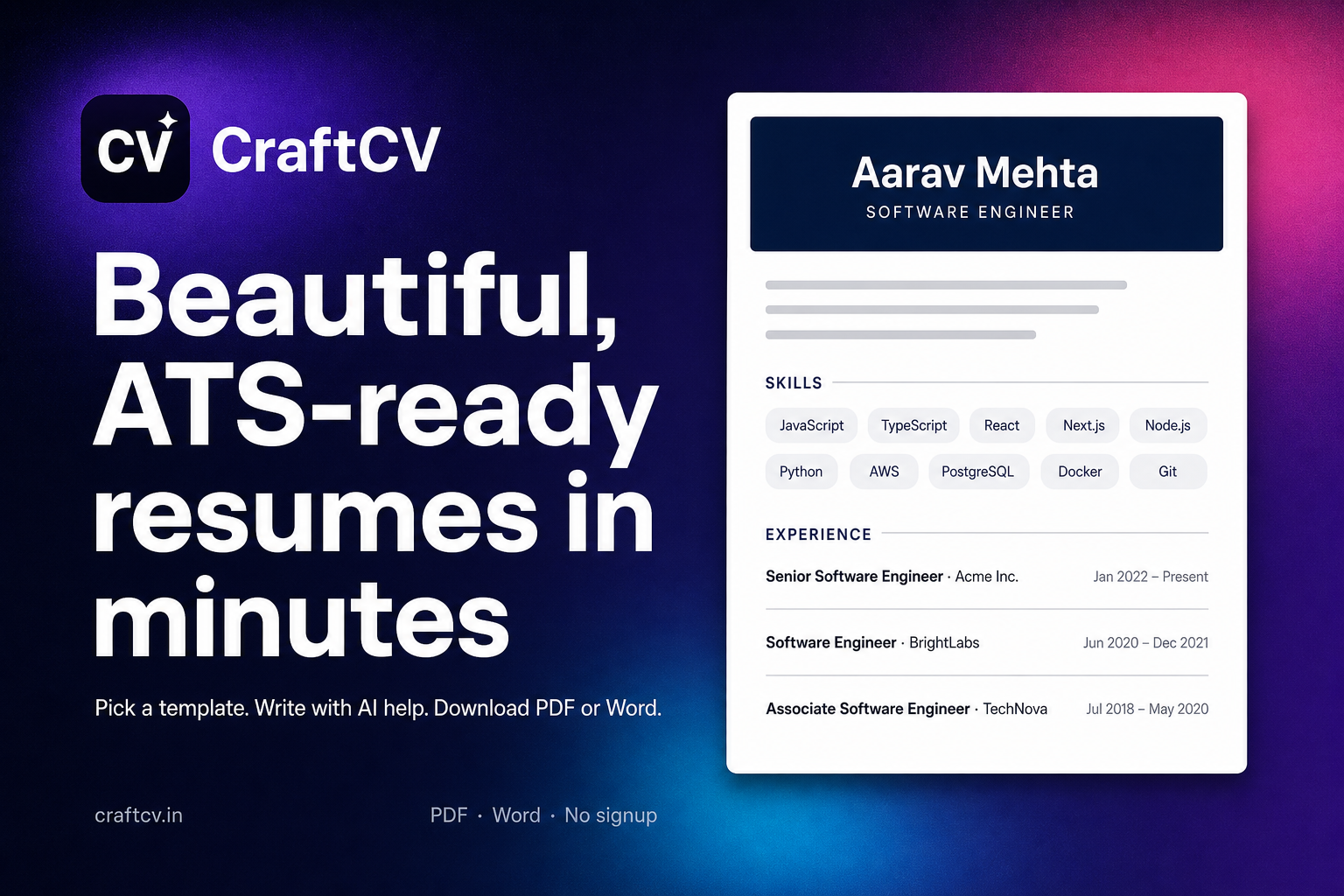 CraftCV — ATS-ready resumes in minutes